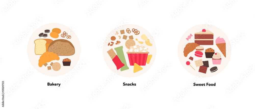 Food illustration collection. Vector flat design of various bakery ...
