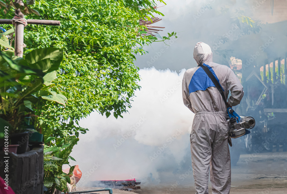 Rear view of outdoor healthcare worker using fogging machine spraying ...