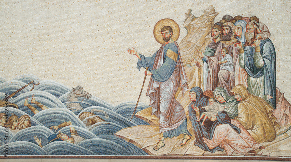 Christian mosaics "The Israelites flee from Egypt" outside in St. Mary ...