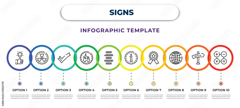 signs infographic design template with superior, radiation, tick, fire ...