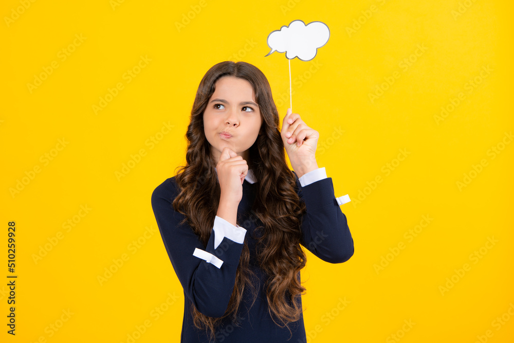 Thinking teenager girl, thoughtful emotion. Teen girl holding clouds ...