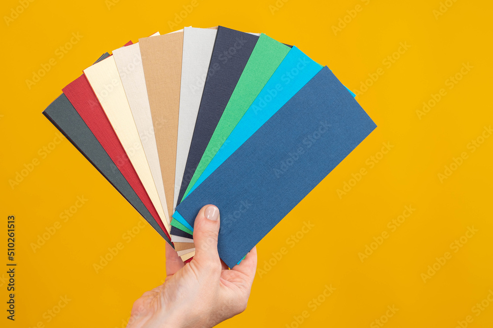 Color palette. Shade swatch cards. Several pastel colors in hand ...