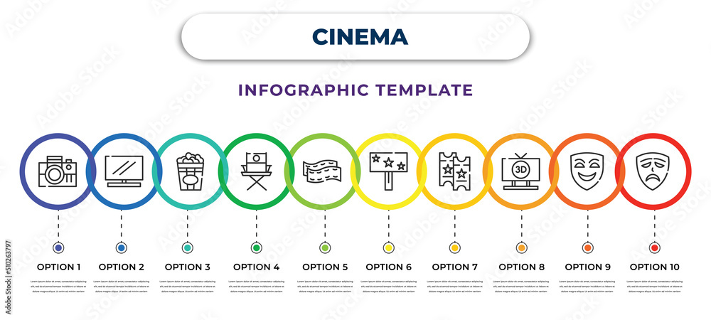 cinema infographic design template with dslr camera, flat tv, popcorn ...