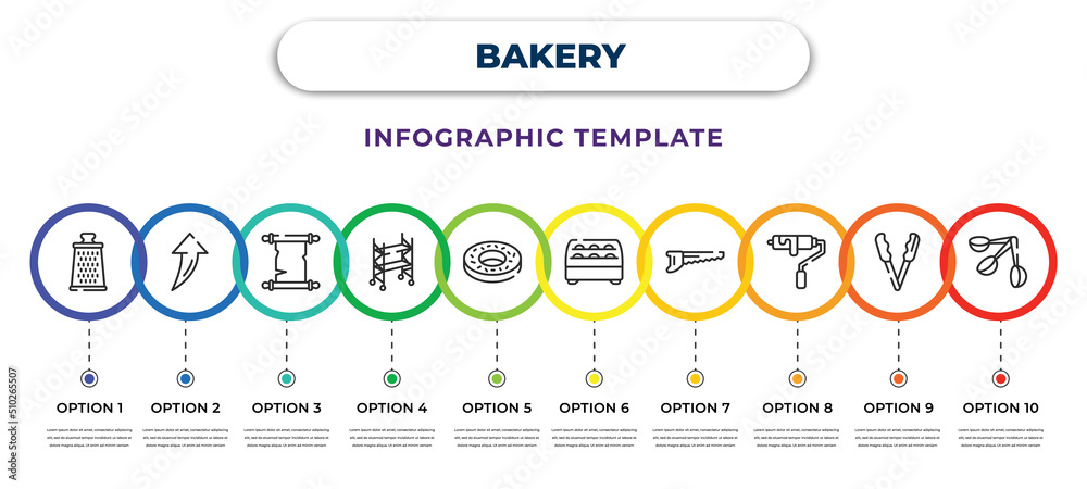 bakery infographic design template with grater, up arrows, ancient ...