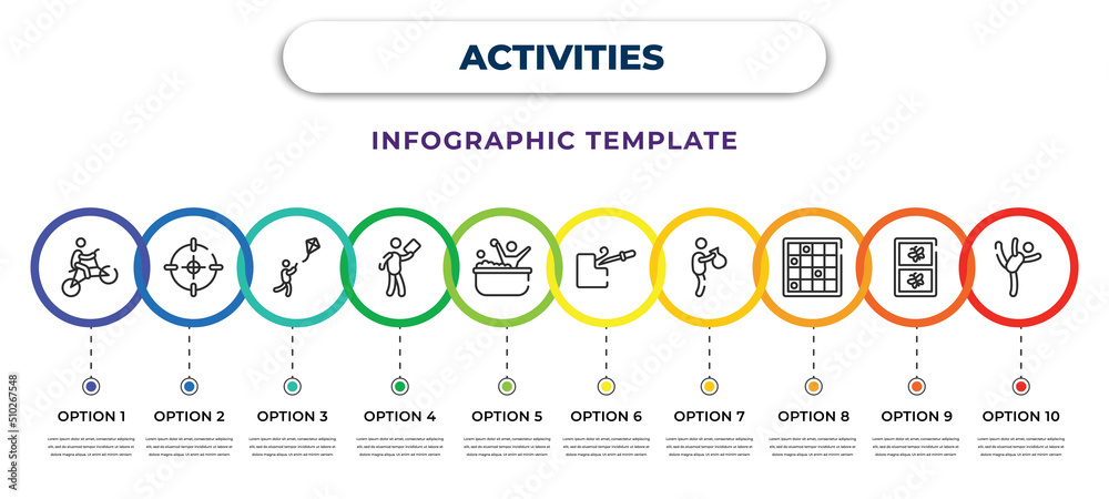 activities infographic design template with bmx, hunting, flying a kite ...