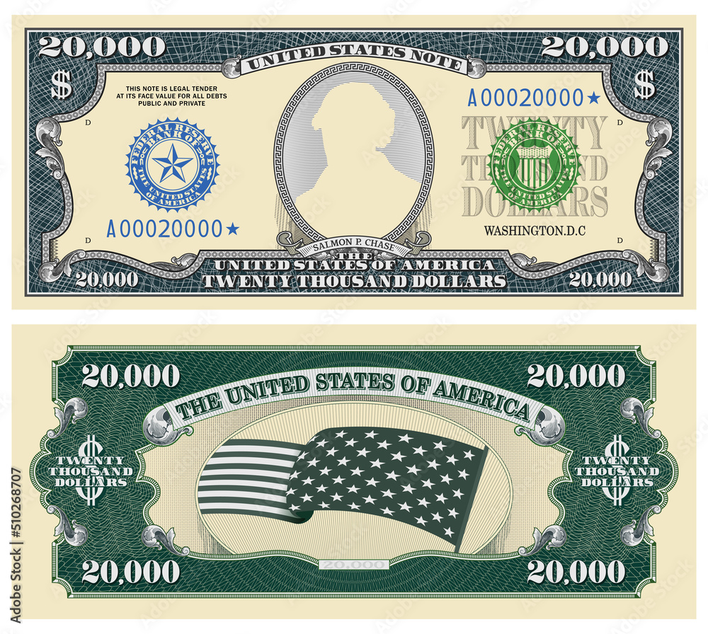 Fictional template obverse and reverse of US paper money. Twenty ...