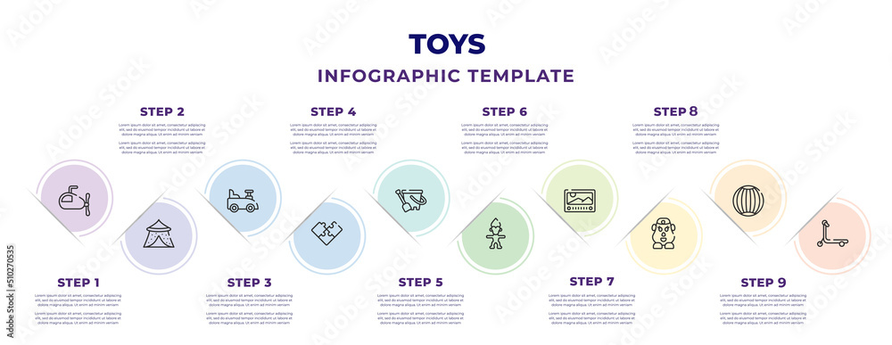 toys infographic design template with submarine toy, tent toy, ride on ...