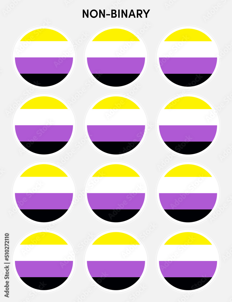 Set of pride flags, non binary flags in the shape of a circle. Circle shaped sticker icon and ...