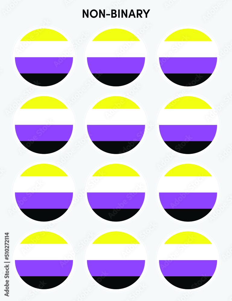 Set of pride flags, non binary flags in the shape of a circle. Circle shaped sticker icon and ...
