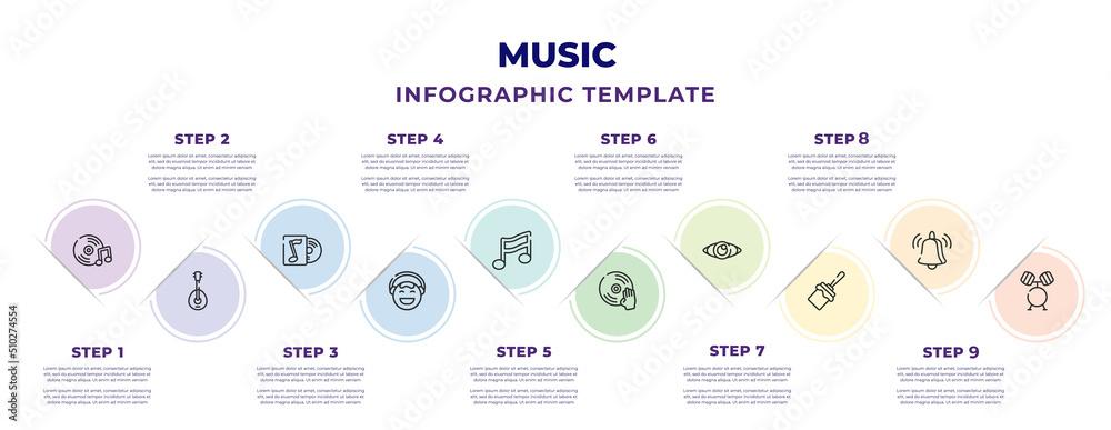 music infographic design template with vinyls, lute, long play record ...