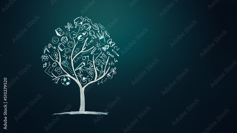 Education concept, studying, knowladge tree with hand drawn school ...