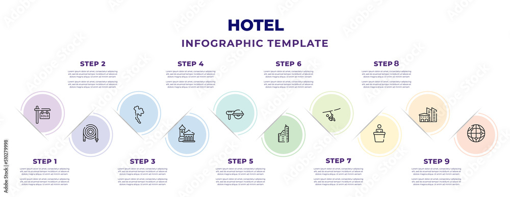 hotel infographic design template with post, fire hose, thailand, wat ...