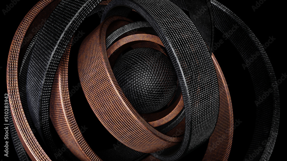 Realistic abstract 3D illustration of the steel wireframe rings and ...