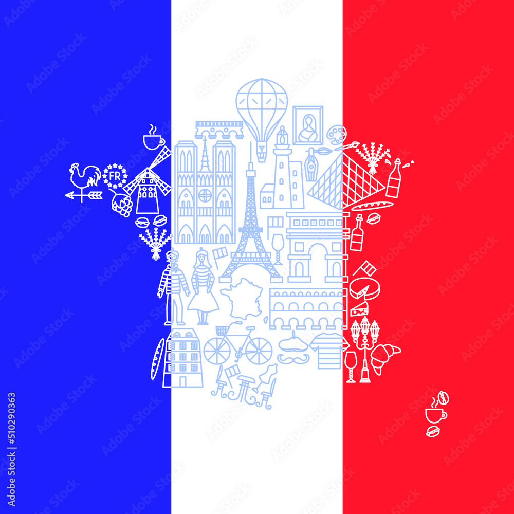 France Flag Country Map. Vector Thin Outline National Symbols. Stock ...