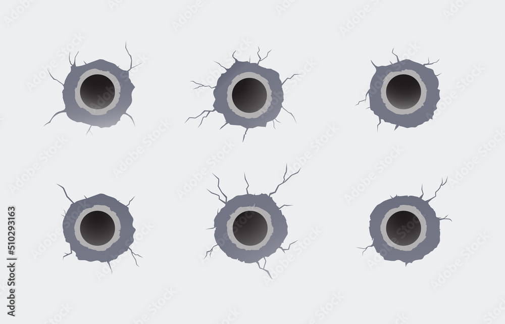 Circle holes on white metal from gun bullets make texture break and ...