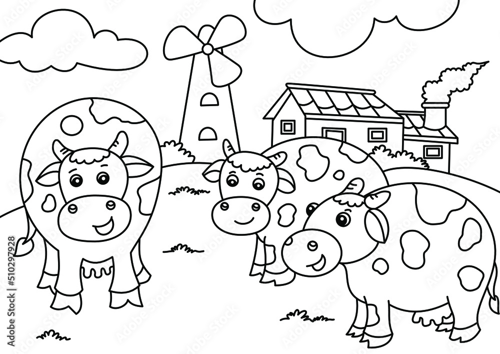 Coloring design with cute cows in the garden for kids coloring page ...