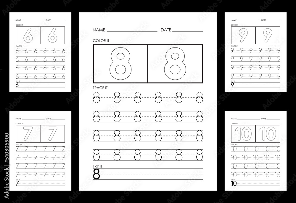 Tracing And Coloring Numbers Worksheets Learn Numbers. Stock Vector ...