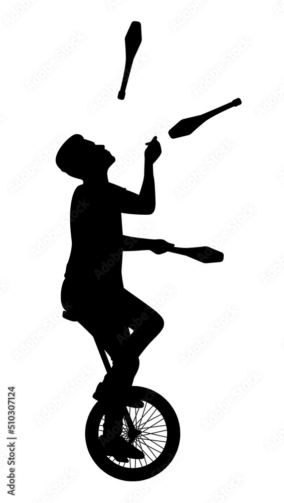 Circus juggler artist silhouette. Young man riding unicycle and ...
