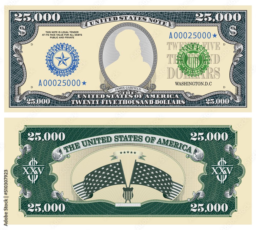 Fictional template obverse and reverse of US paper money. Twenty five ...