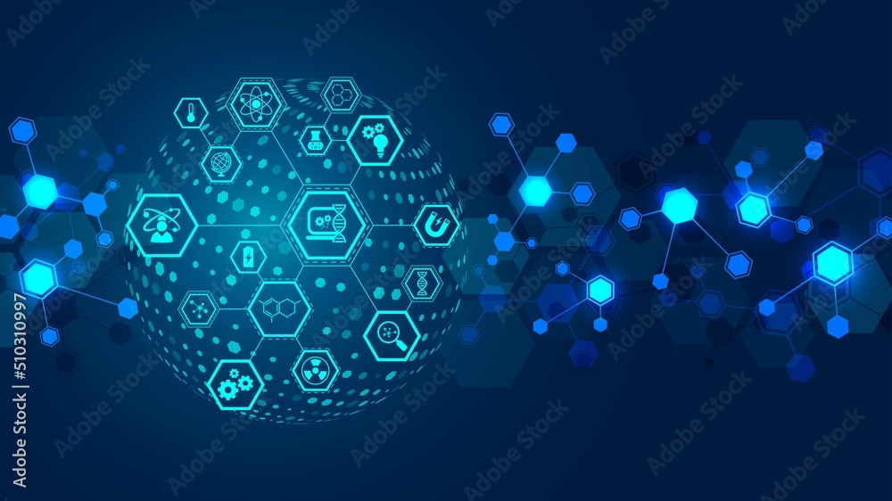 Neon background frame with scientific, technical icons, symbols. Design ...