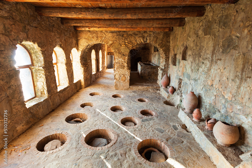 Wine cellar with kvevri, Nekresi monastery Stock Photo | Adobe Stock