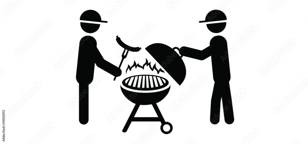 Cartoon stickman, stick figure man with bbq, sausage, bratwurst and ...