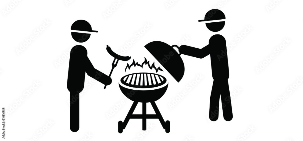 Cartoon stickman, stick figure man with bbq, sausage, bratwurst and ...