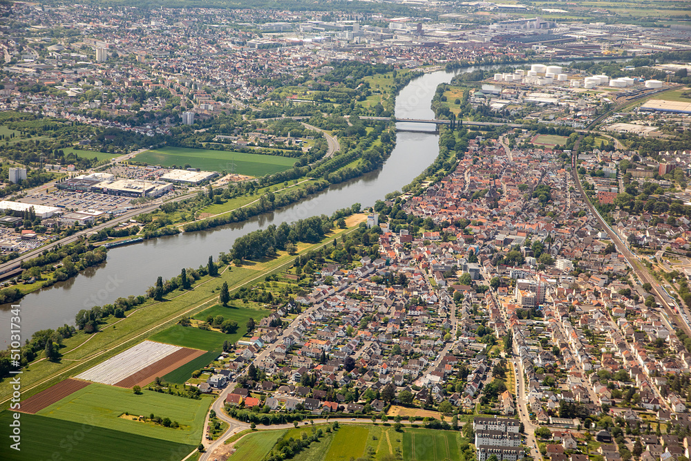scenic aerial of Kelsterbach and Raunheim after takeoff with river Main ...