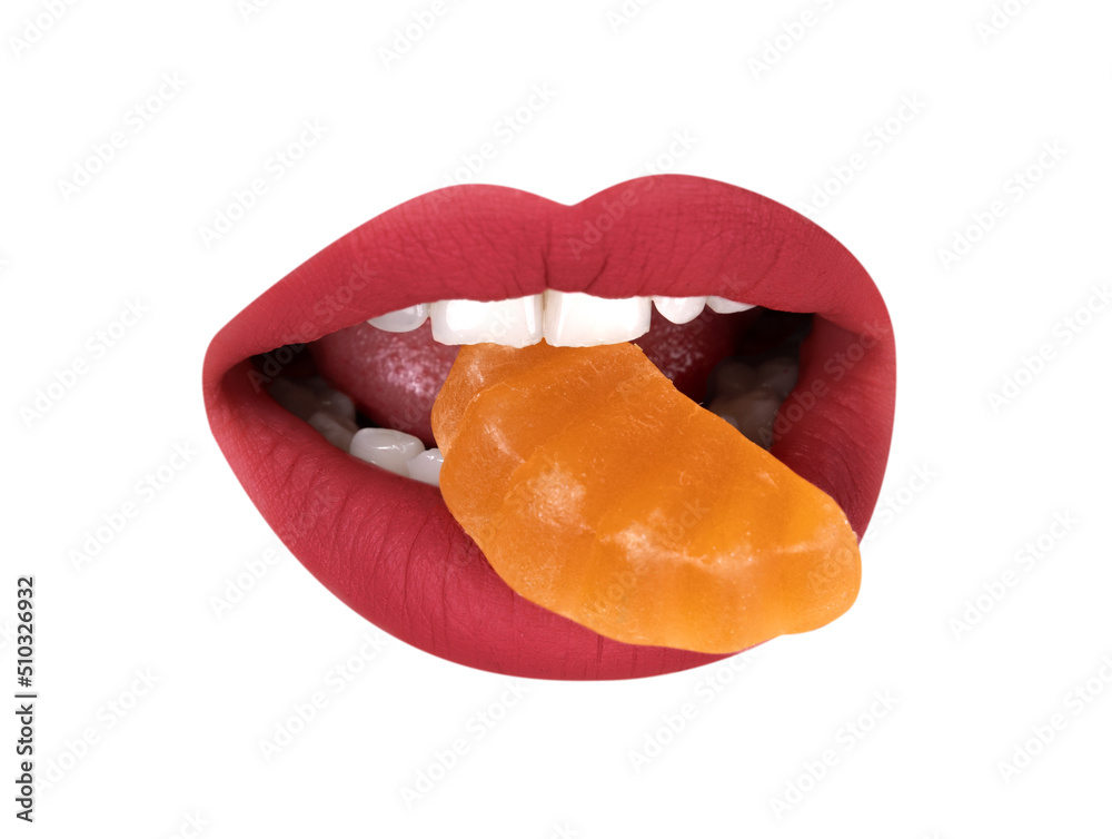 Cutout of womans full red lips with candy sweets Stock Photo | Adobe Stock