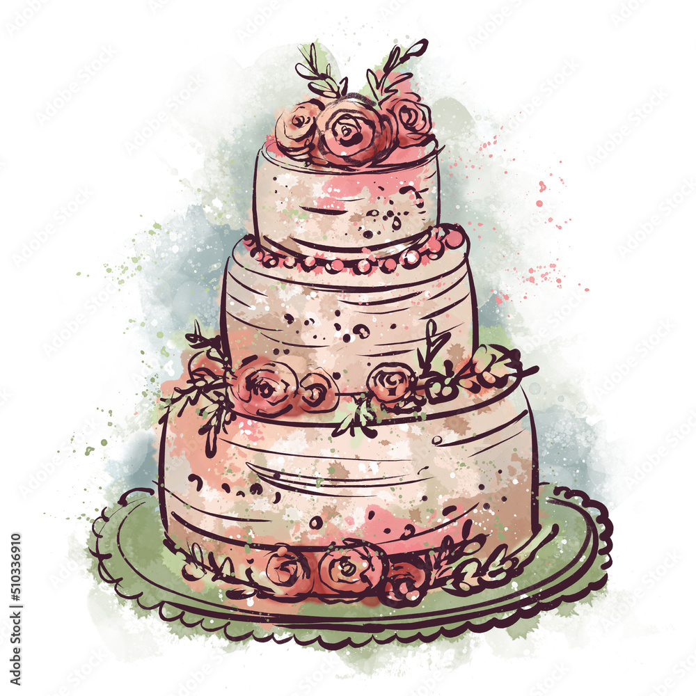 Wedding cake with flowers watercolor sketch. Holiday dessert in vintage ...