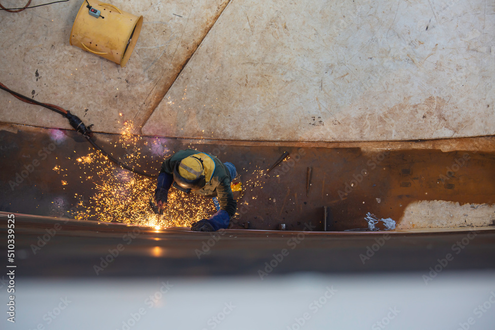 Top view Gouging welding spark fire industrial welder wear safety ...