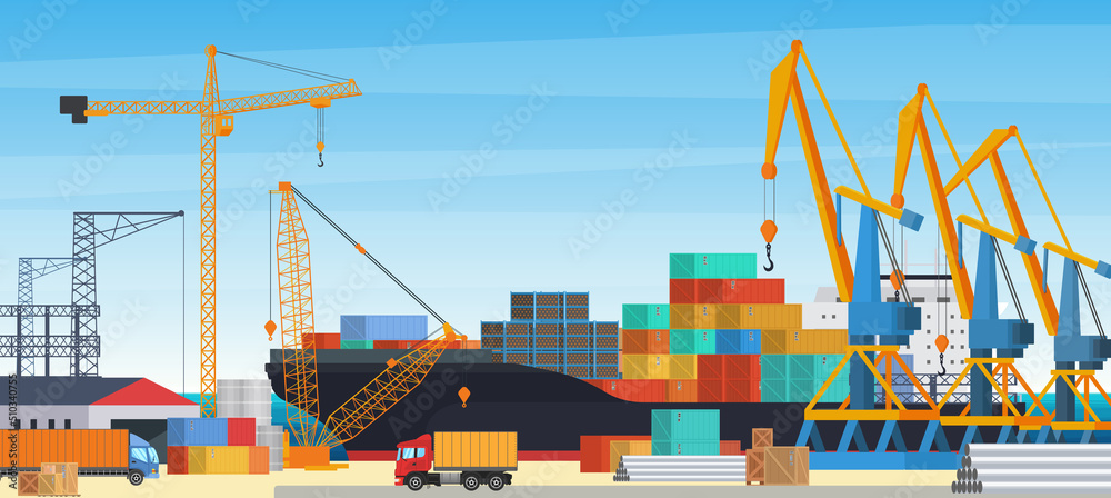 Cargo ship logistics in seaport vector illustration. Cartoon crane ...