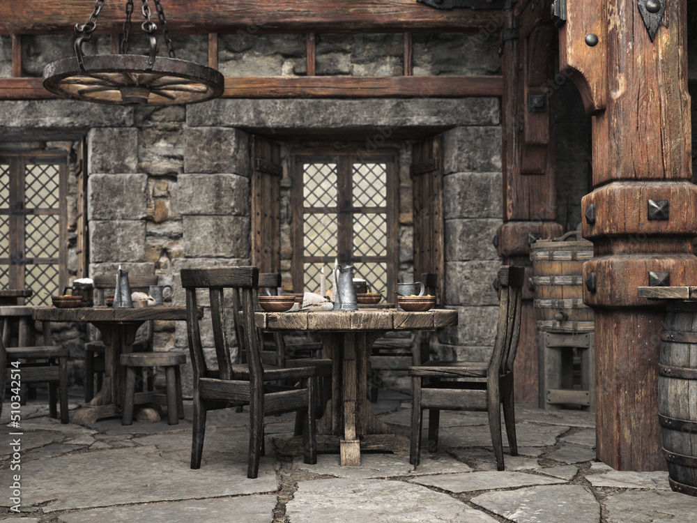 Fantasy medieval tavern inn background. 3d rendering Stock Illustration ...