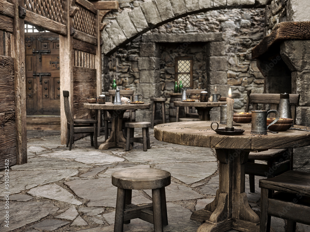 Poster Fantasy medieval tavern inn background. 3d rendering – Wall Art ...