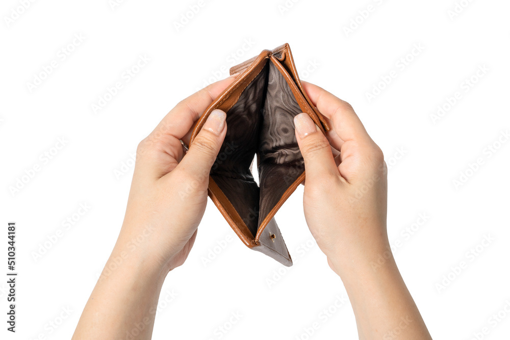 woman hand open an empty wallet on white background Stock Photo | Adobe ...