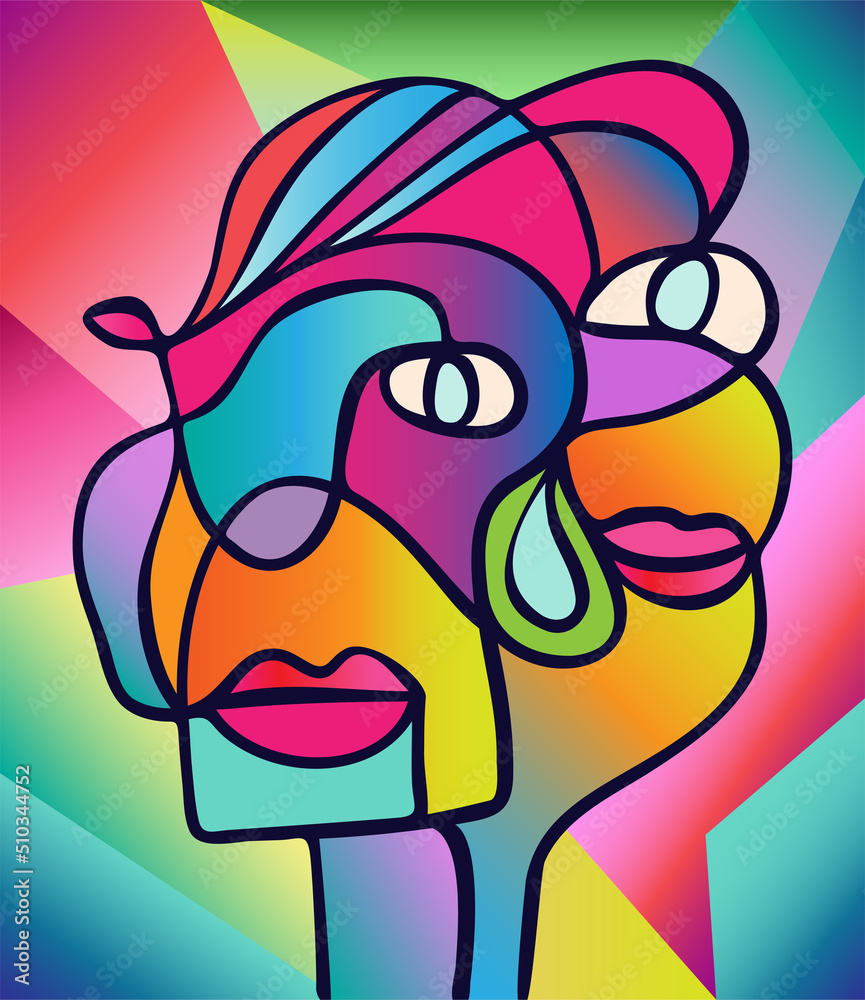 Colorful abstract design of surreal faces portrait. Hand drawn faces ...