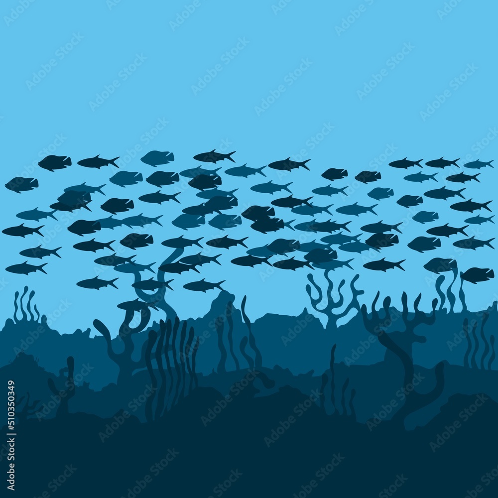 Vector illustration of a group of fish swimming under the blue sea ...