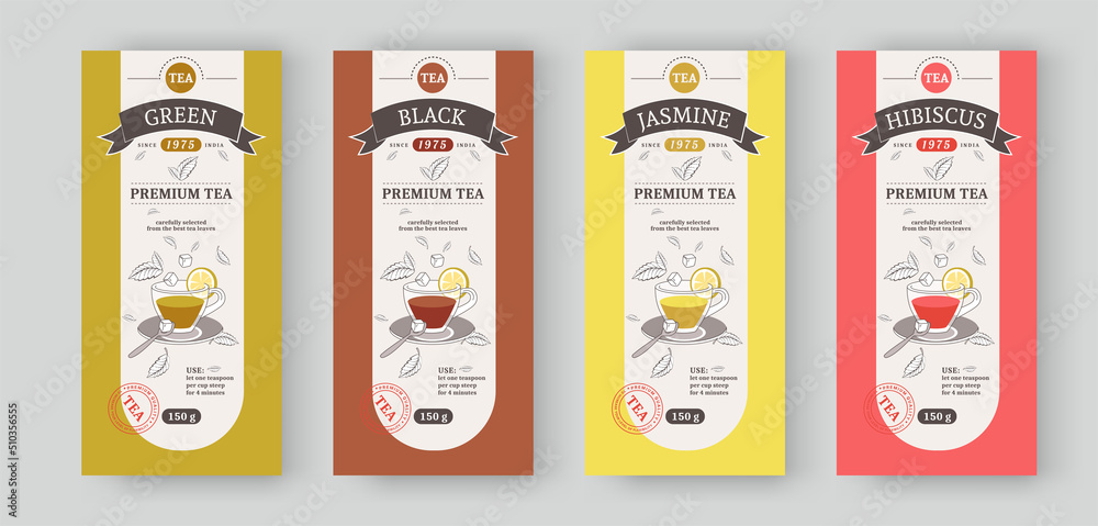 Label tea branding. Drink packaging stickers design. Food background ...