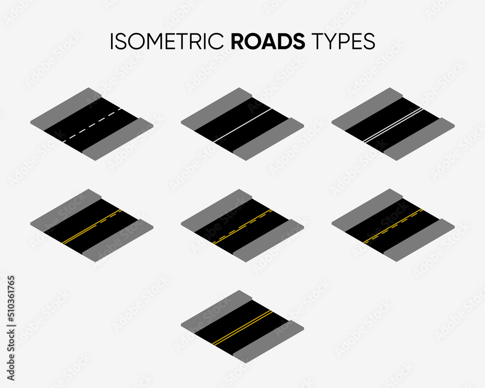 Isometric road types. All road types with simple modern style. Roads ...