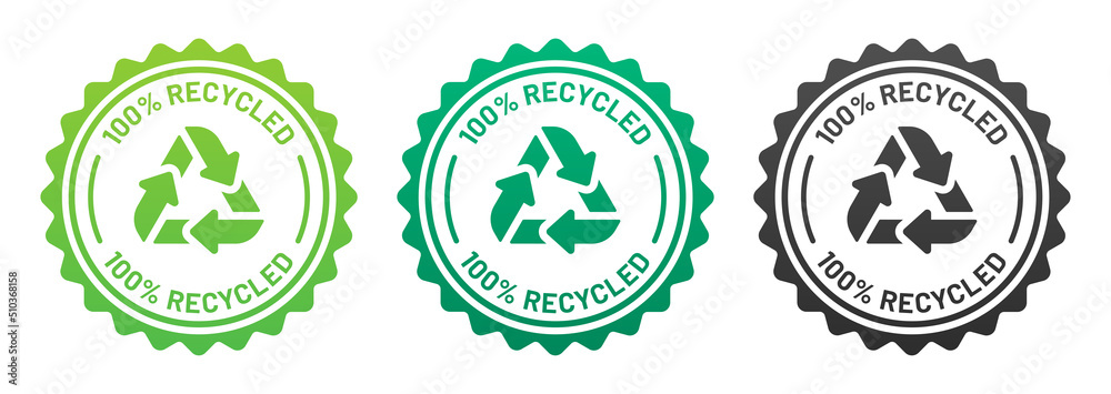 100% Recycled label sustainable. Eco renewable badge vector sign. Stock ...