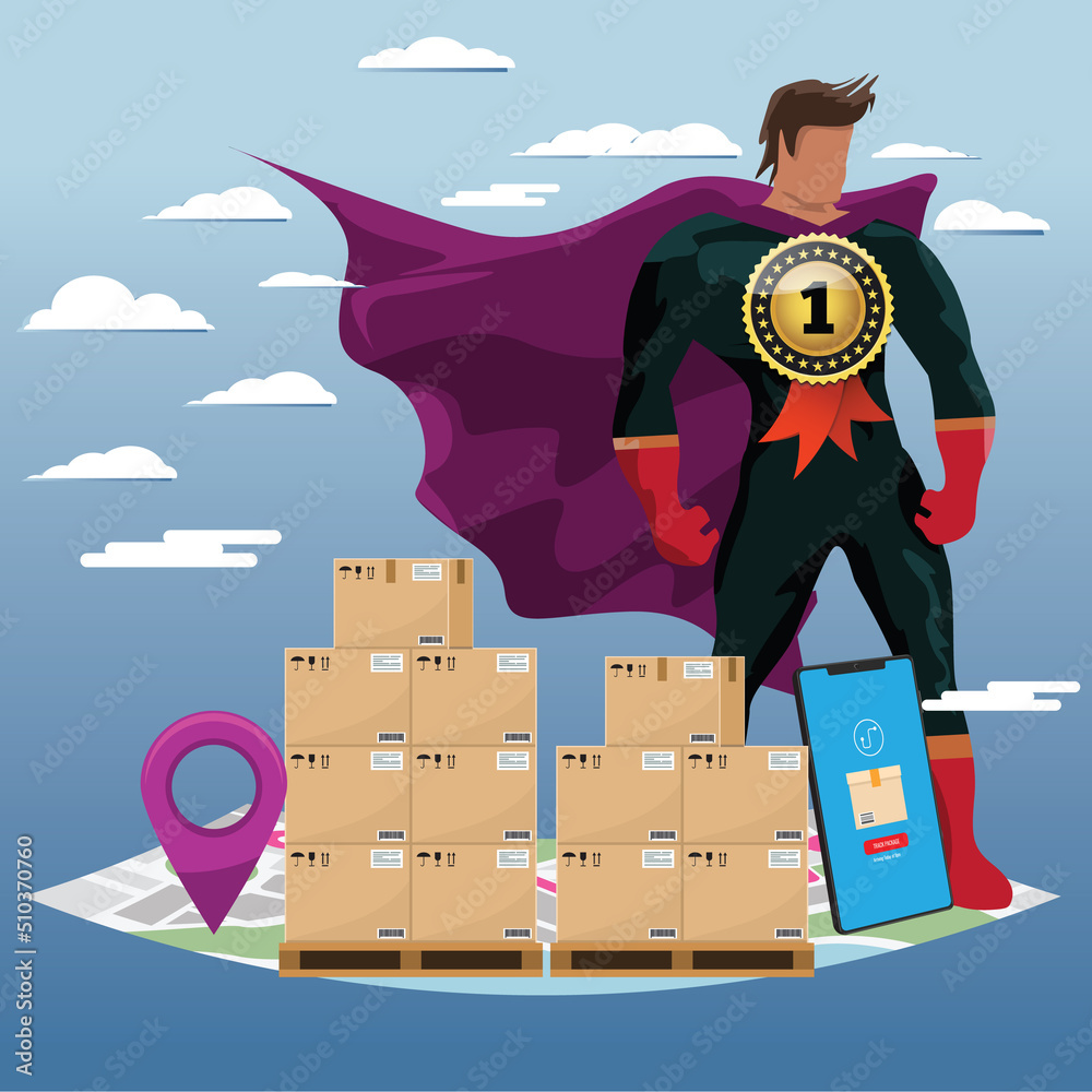 Super hero and carton box. Delivery concept Stock Vector | Adobe Stock