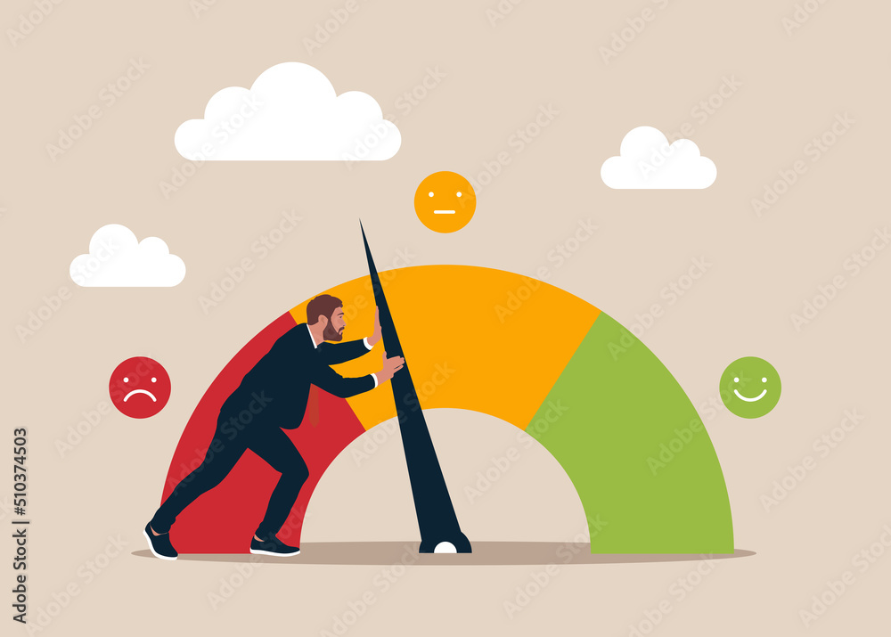 Strong businessman pull the arrow to make rating gauge to be excellent ...
