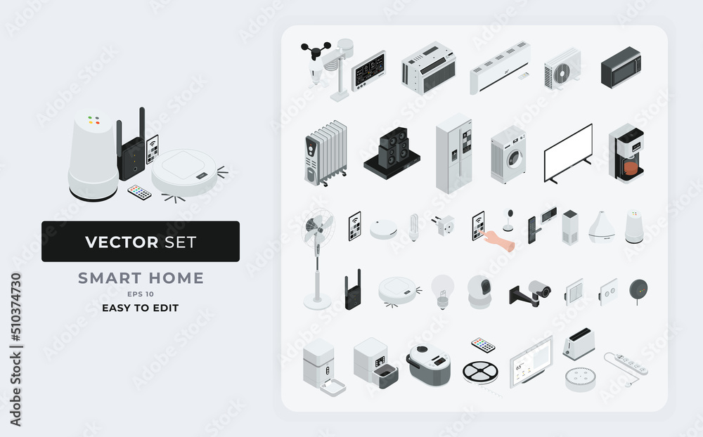Smart home isometric set elements. vector house control system and ...