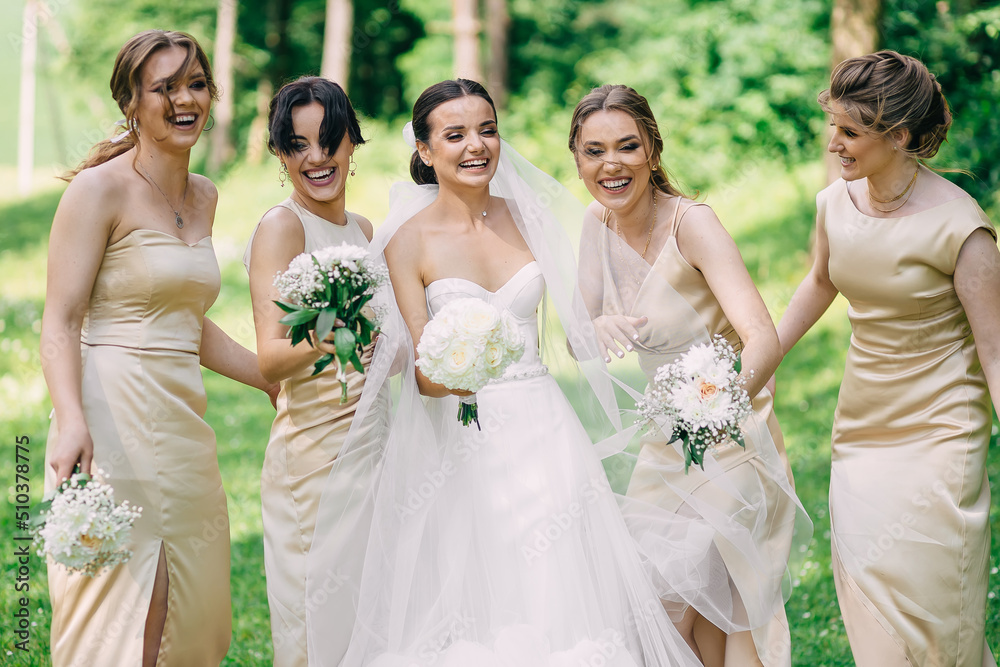 Happy girls at best friend's wedding. Beautiful young women in wedding ...