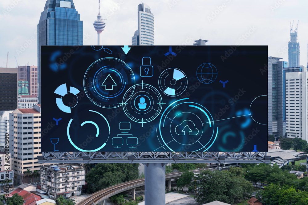 Technology hologram on billboard over panorama city view of Kuala ...