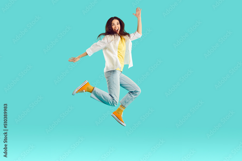 Human emotions. Cheerful crazy excited funny young woman having fun and ...