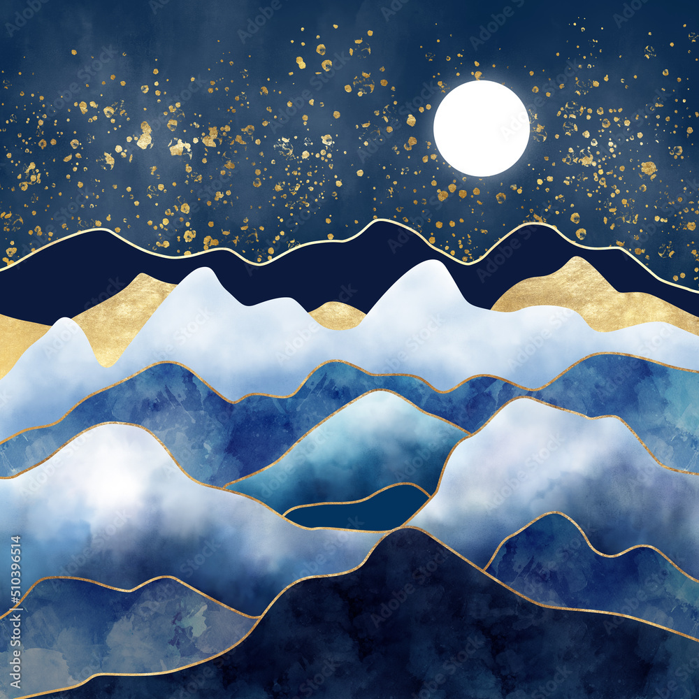 Gold mountain wallpaper design with landscape line arts, Golden luxury ...
