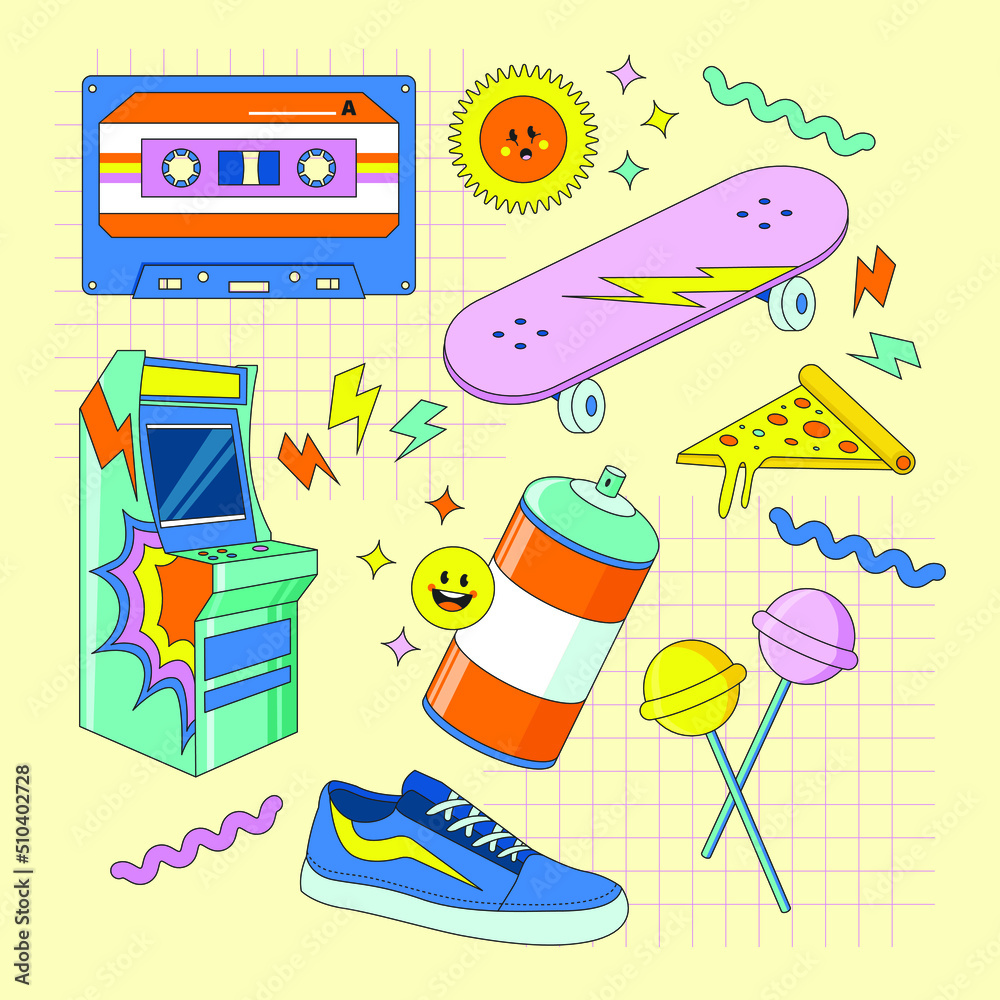 90's Pop Culture Sticker Cartoon Stuffs Objects with Cute Illustration ...