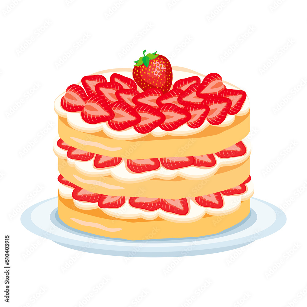 Whole Strawberry Shortcake Icon Vector Sweet Cake With Strawberries And Whipped Cream Vector