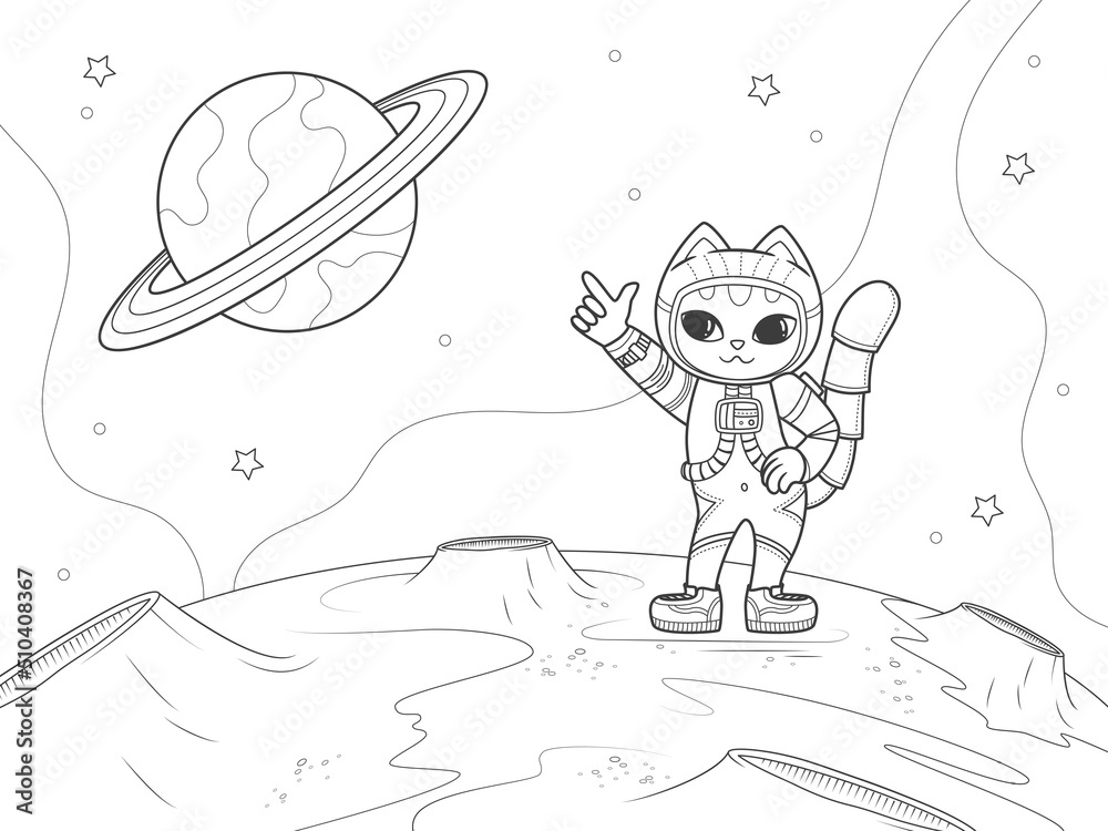 Little cute astronaut cat in a spacesuit on a new planet. Coloring book ...